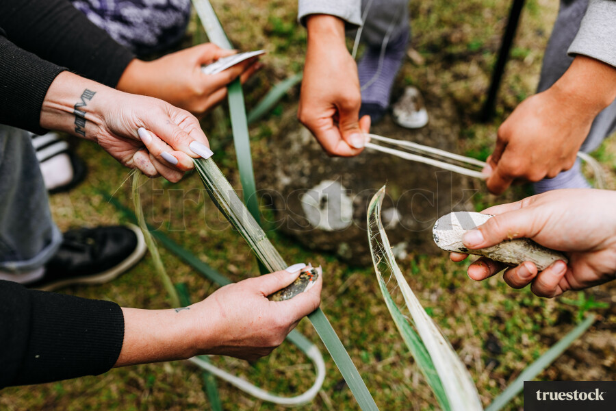 Moari culture weaving ropes by Erica Sinclair - Truestock