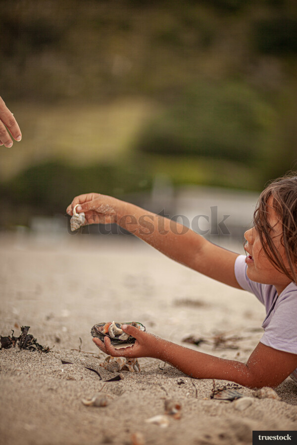 Child lying in the sand collecting shells at the beach by Fraser ...